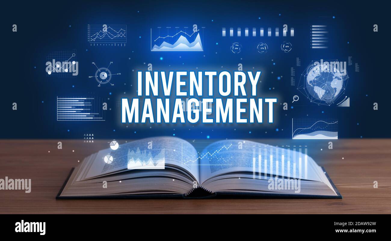 INVENTORY MANAGEMENT inscription coming out from an open book, creative ...
