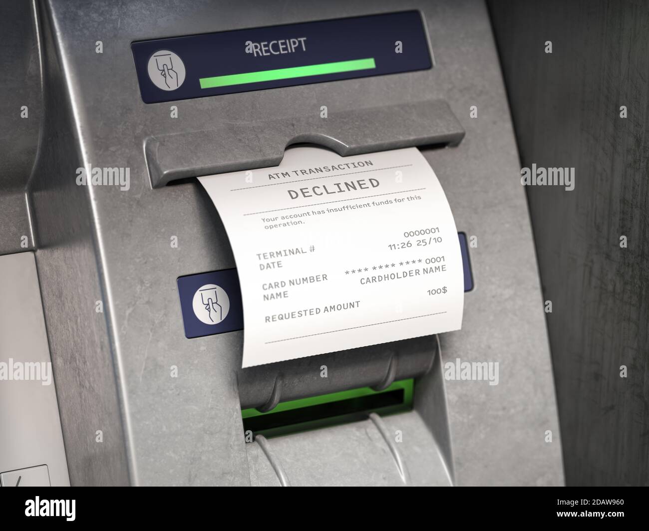 ATM machine and receipt with text declined for insufficient funds on ...