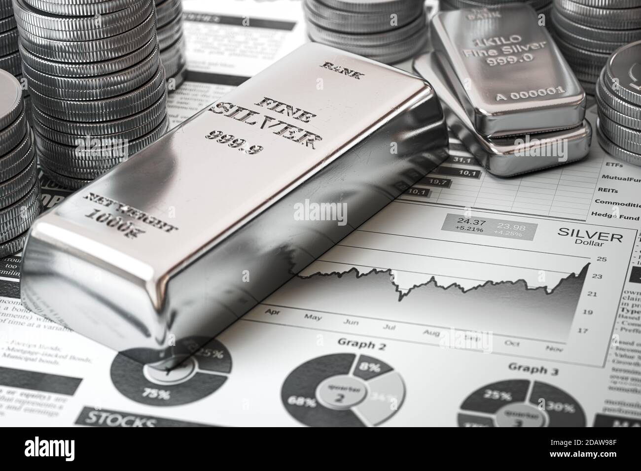 Silver bar, ingots and coins on financial report. Growth of silver on ...