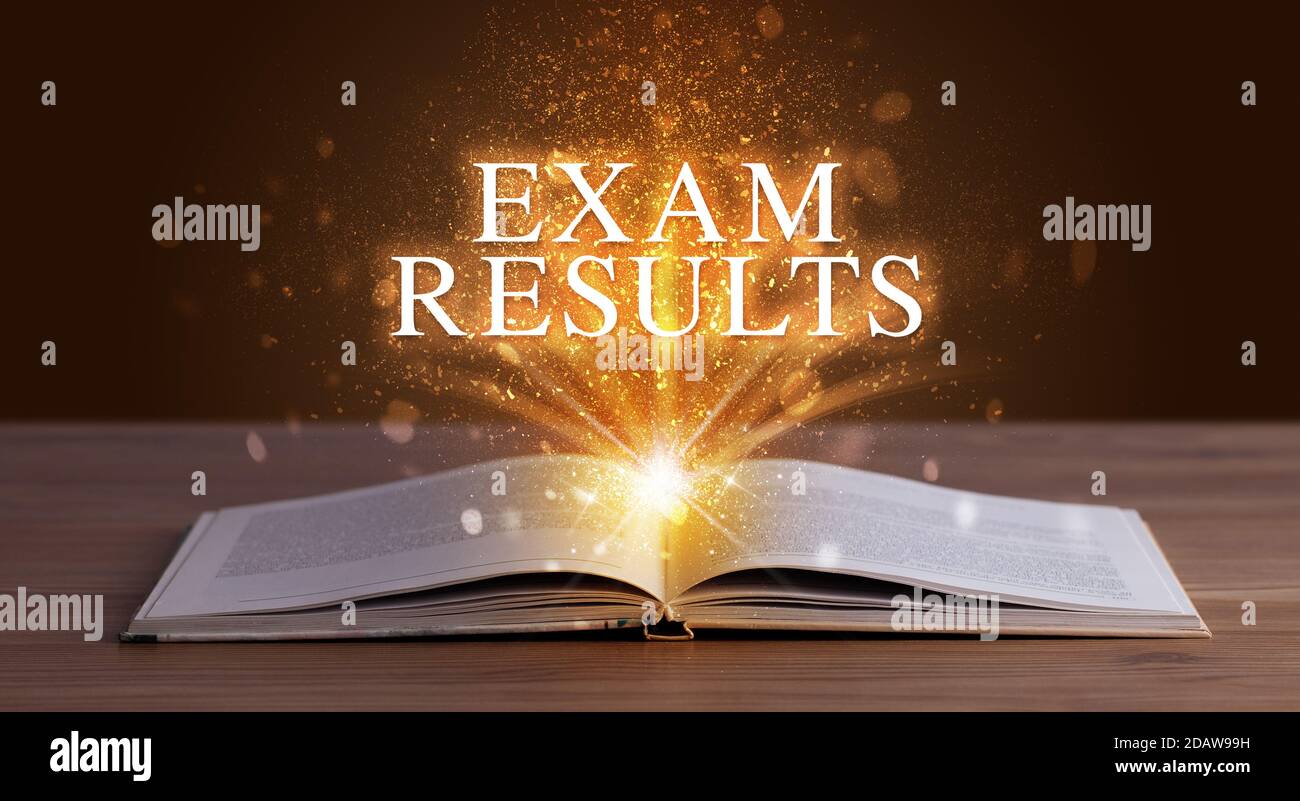 EXAM RESULTS inscription coming out from an open book, educational ...