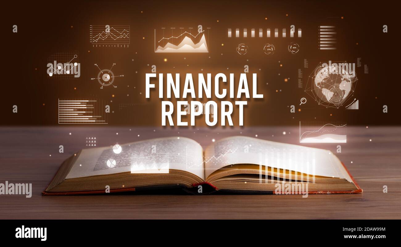 FINANCIAL REPORT inscription coming out from an open book, creative ...