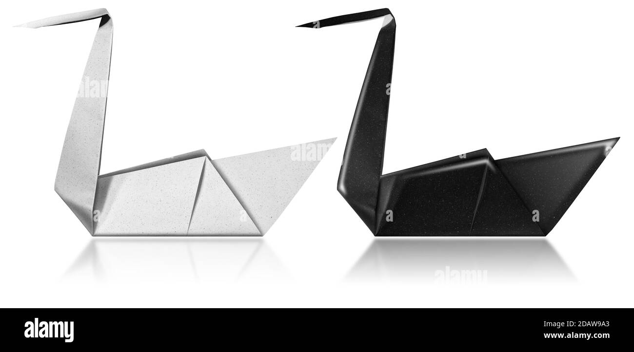 One black and one white paper swan, origami isolated on white ...
