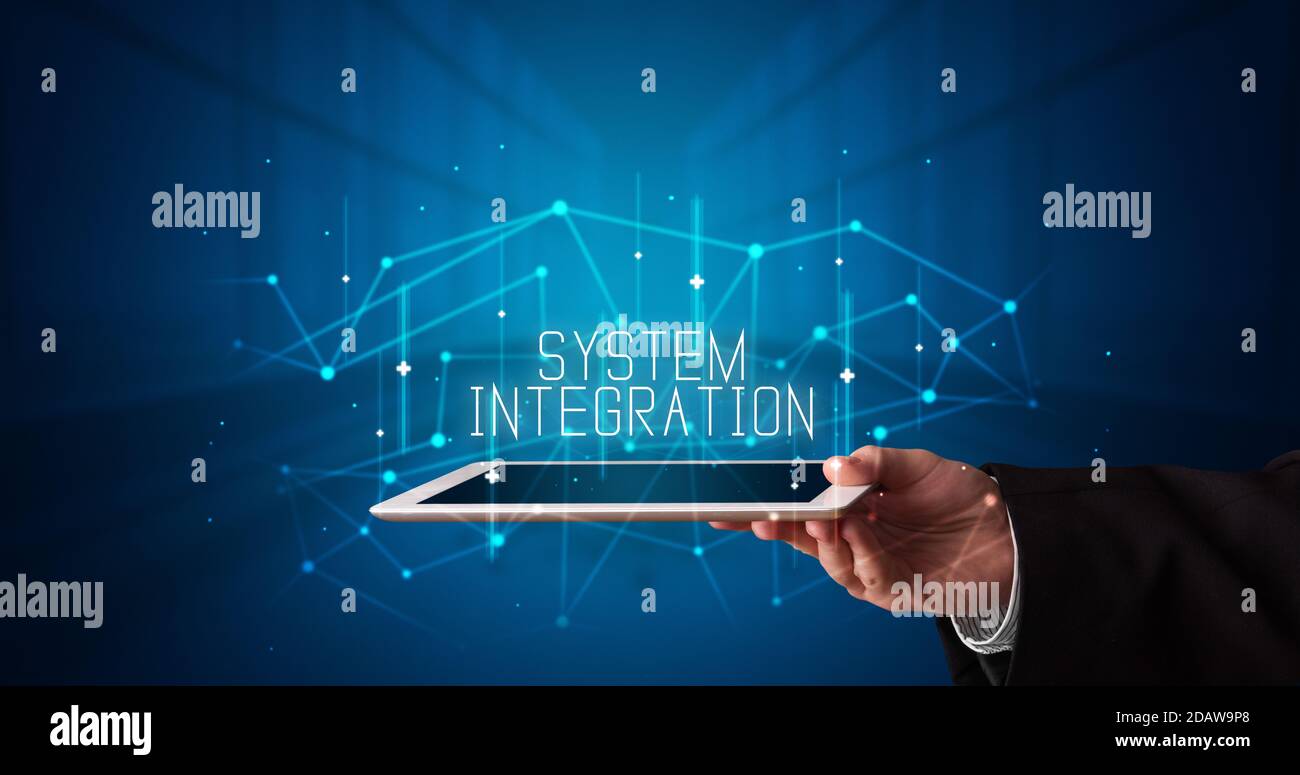 Young business person working on tablet and shows the digital sign ...