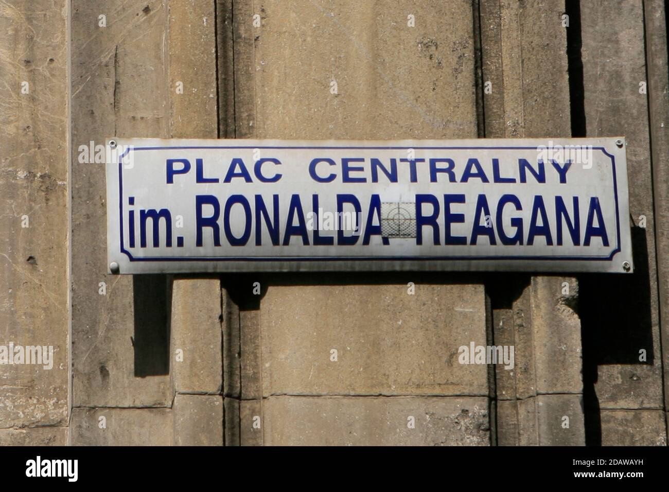 Ronald Reagan Square sign in Nowa Huta which is one of the socialist ...