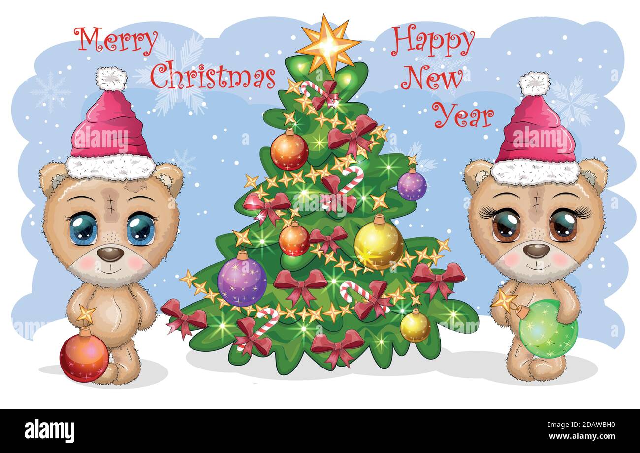 Couple Cute cartoon bear with big eyes in a Christmas hat near a ...