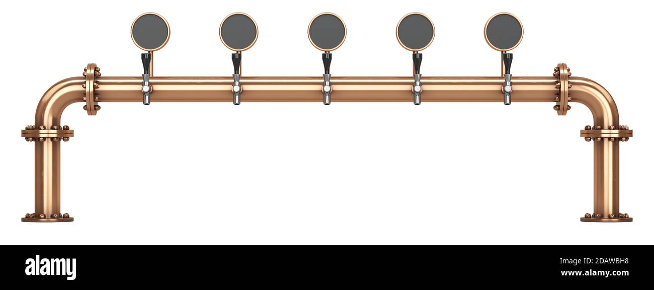 Five rotating beer taps. Copper pipe bridge Stock Photo - Alamy