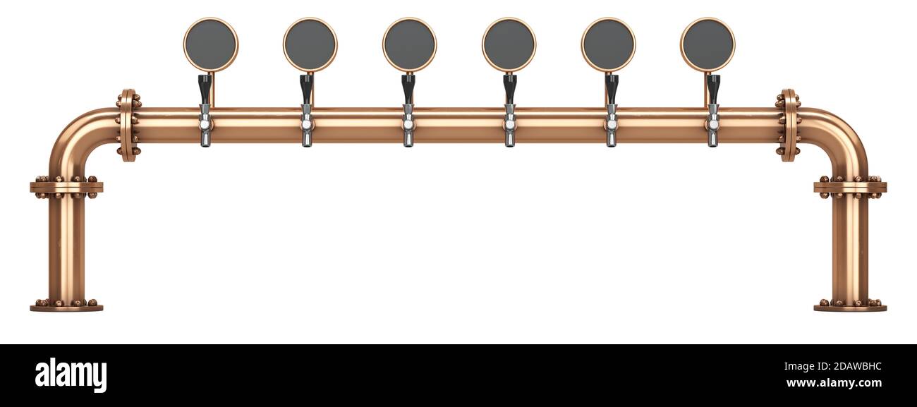Six rotating beer taps. Copper pipe bridge Stock Photo - Alamy