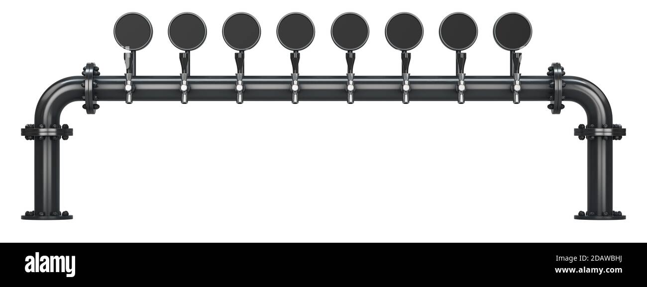 Eight rotating beer taps. Black pipe bridge Stock Photo - Alamy