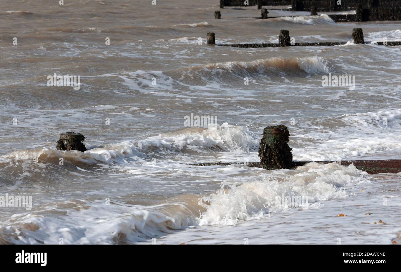 Groins and the sea at the beach, Lee-on-the-Solent, Gosport, Hampshire ...