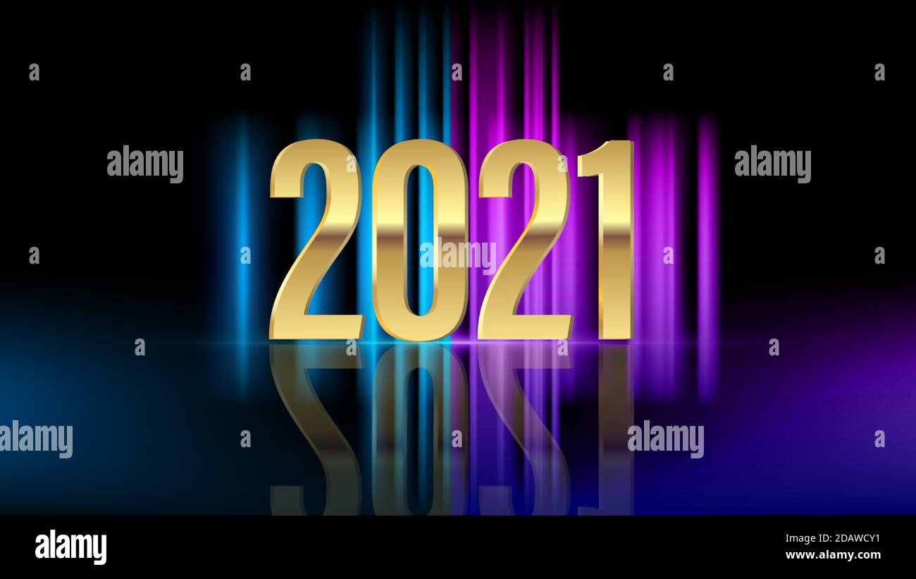 Golden numbers 2021 with bright flash on dark neon background. Happy ...