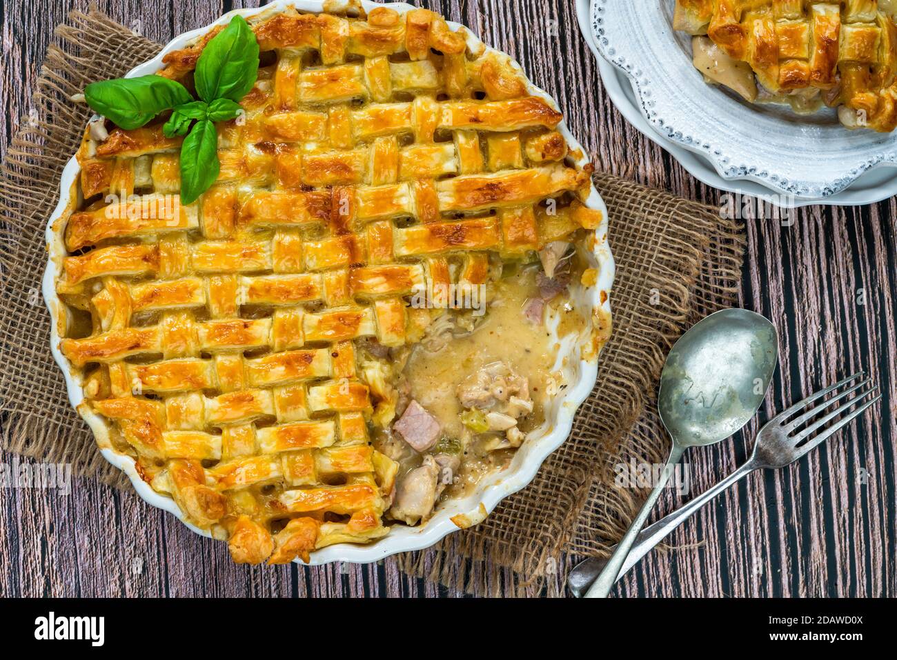 Chicken and bacon pie with lattice puff pastry - overhead view Stock ...