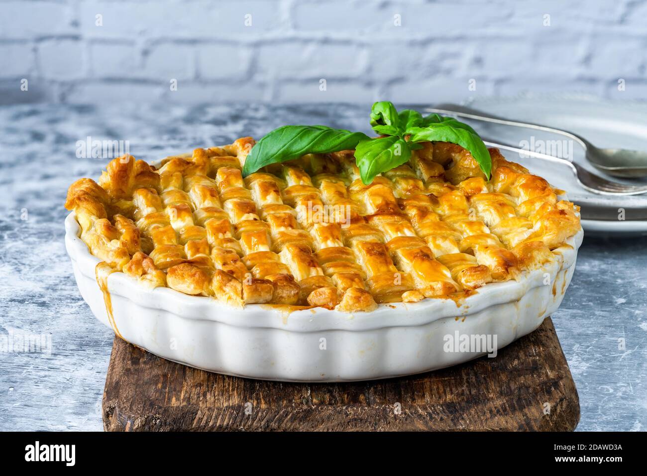 Chicken and bacon pie with lattice puff pastry Stock Photo - Alamy