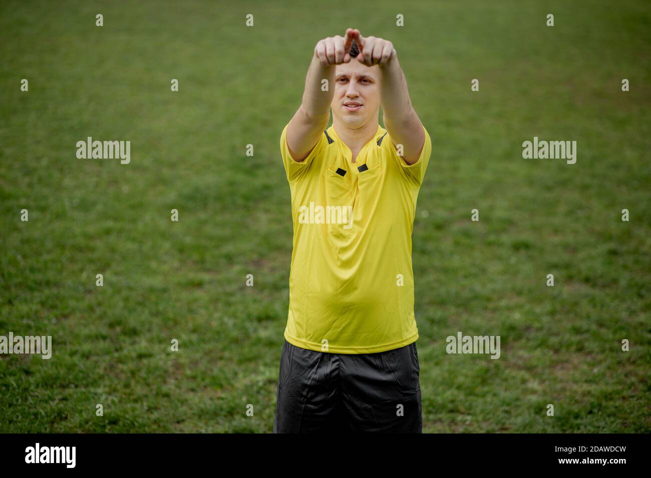 Referee goes watching VAR or violation of the rules. Concept of sport ...