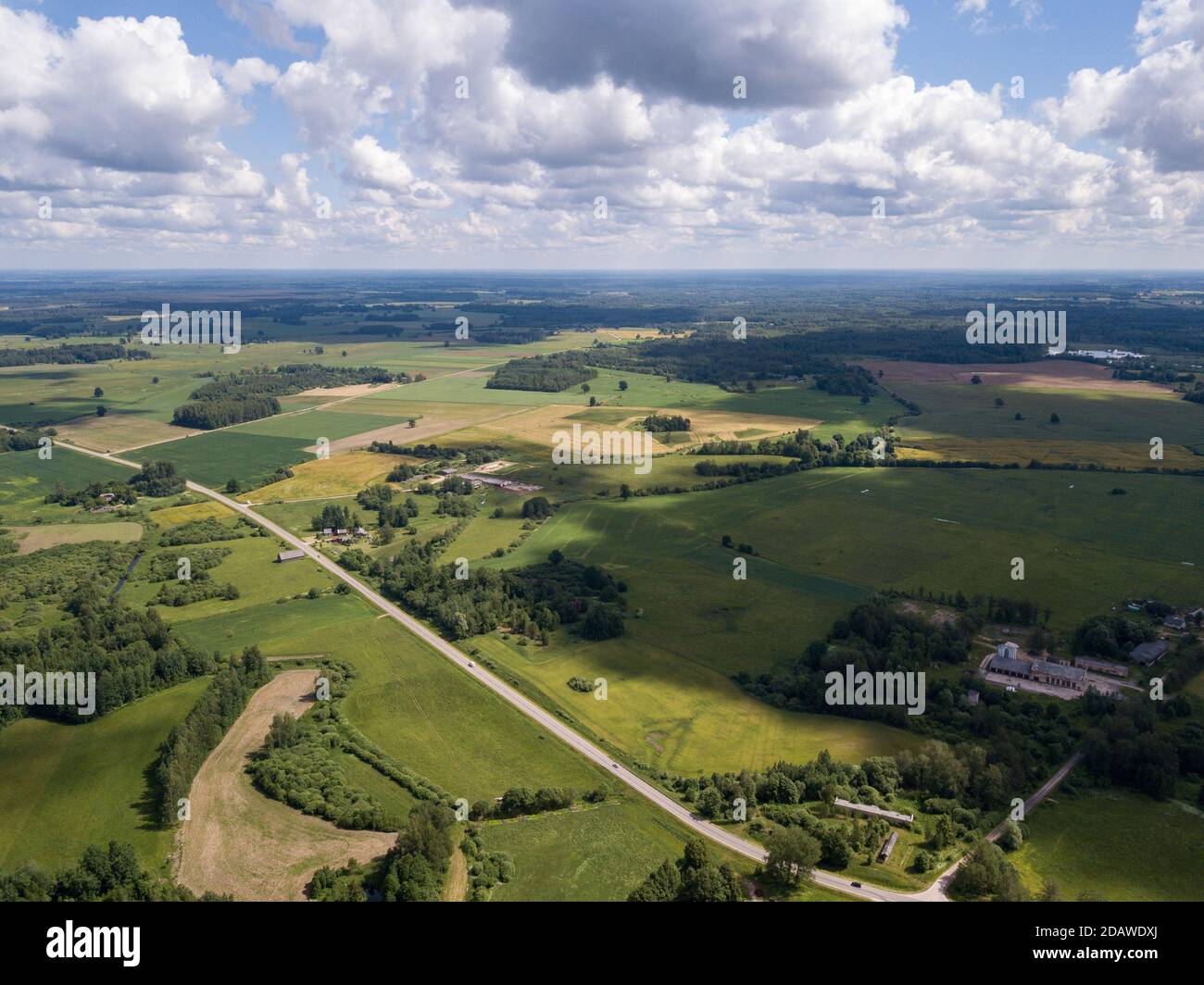 countryside aerial landscape with roads and green fields in summer ...