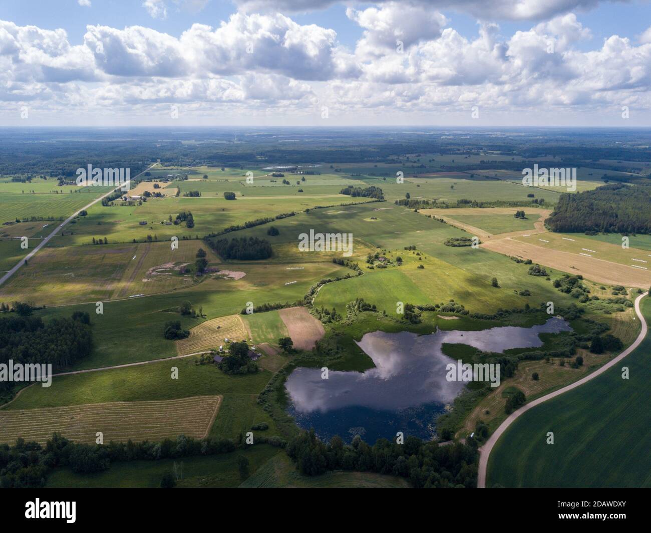 countryside aerial landscape with roads and green fields in summer ...