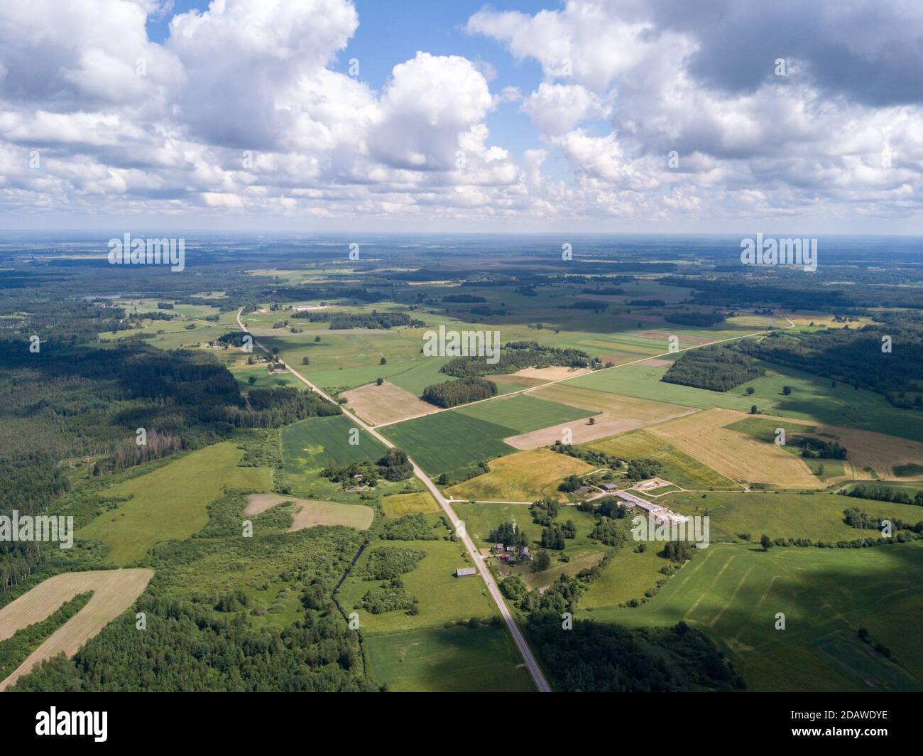 countryside aerial landscape with roads and green fields in summer ...