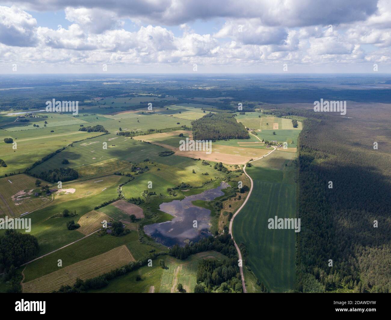 countryside aerial landscape with roads and green fields in summer ...