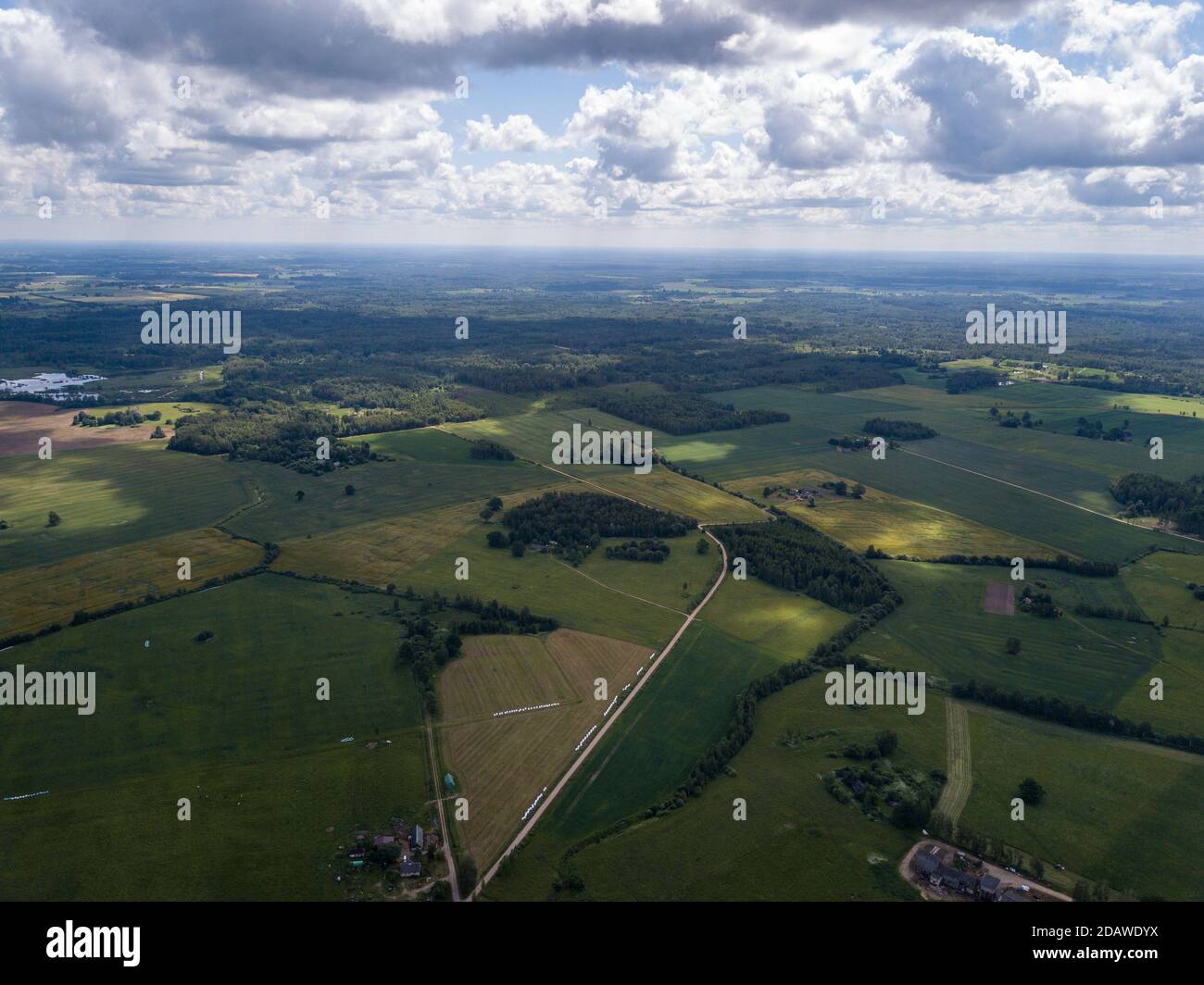 countryside aerial landscape with roads and green fields in summer ...