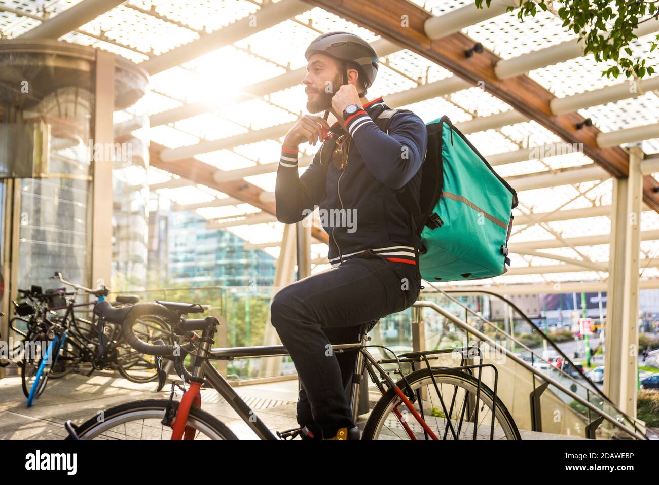 Food delivery service, rider delivering food to clints with bicycle ...