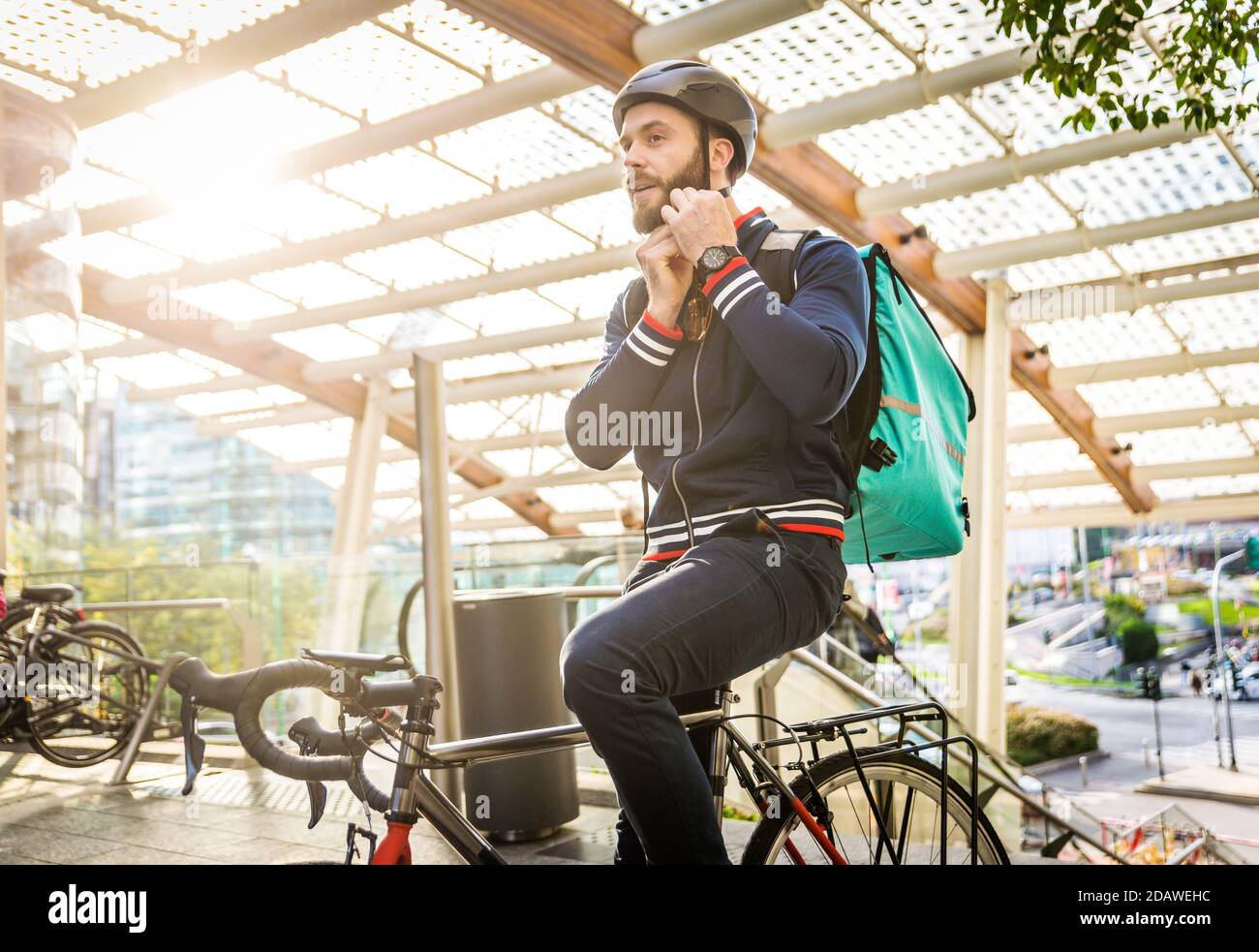 Food delivery service, rider delivering food to clints with bicycle ...