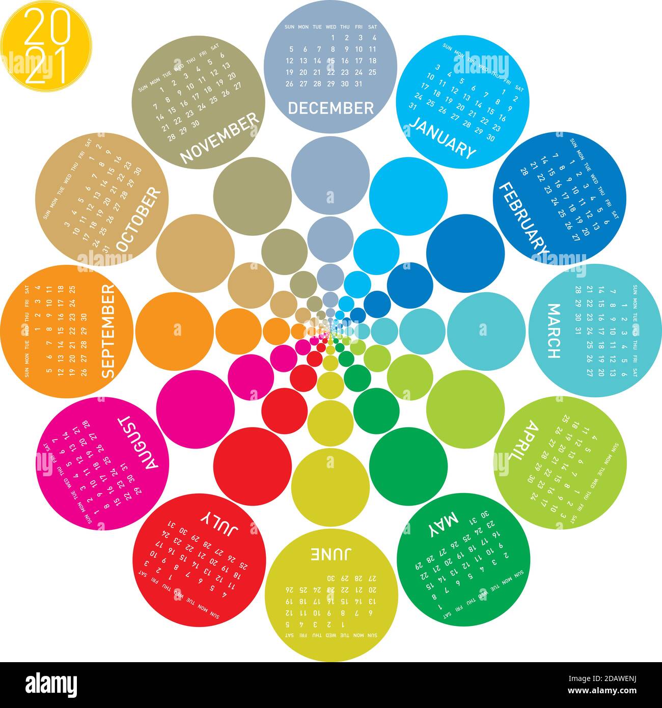 Colorful calendar for 2021. Circular design. In vector format Stock ...
