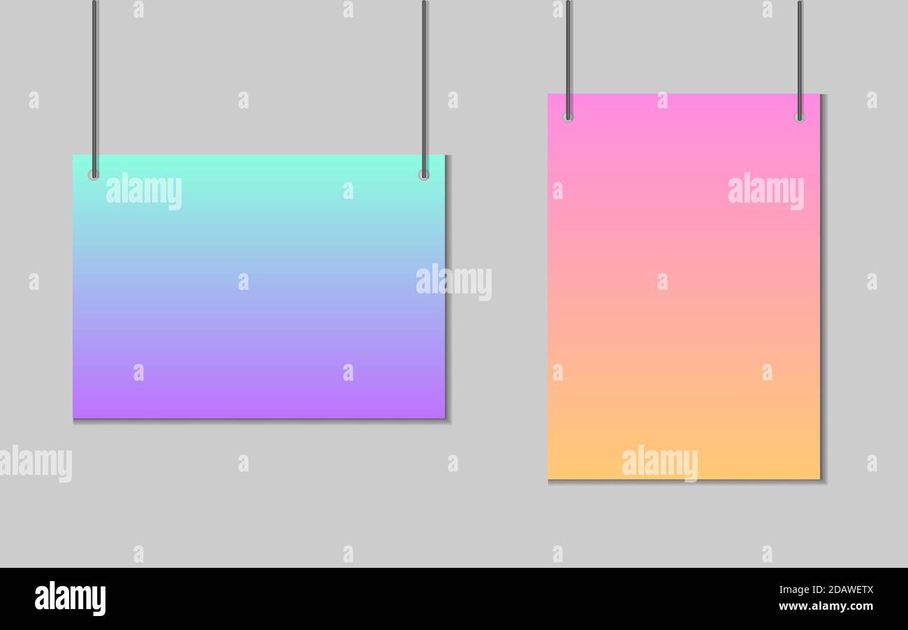 Vector realistic gradient blank A4 paper poster hanging on a rope with ...