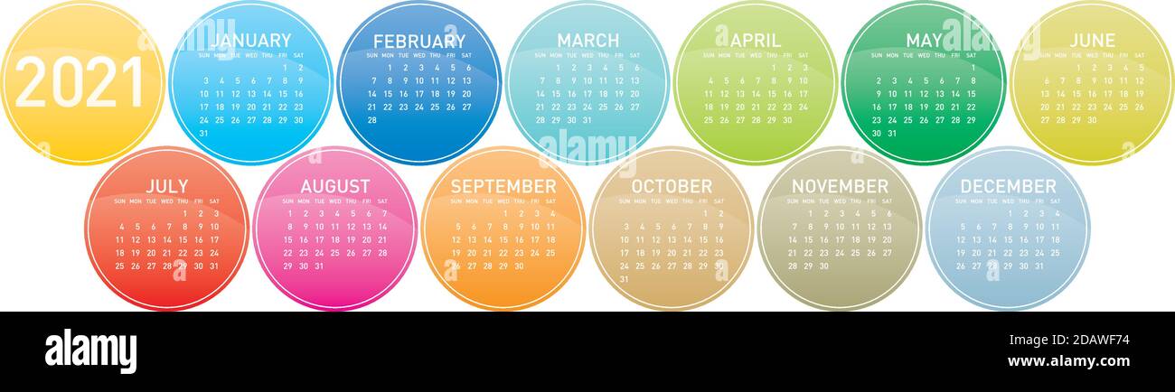 Colorful Circles Calendar for Year 2021, in vectors Stock Vector Image ...