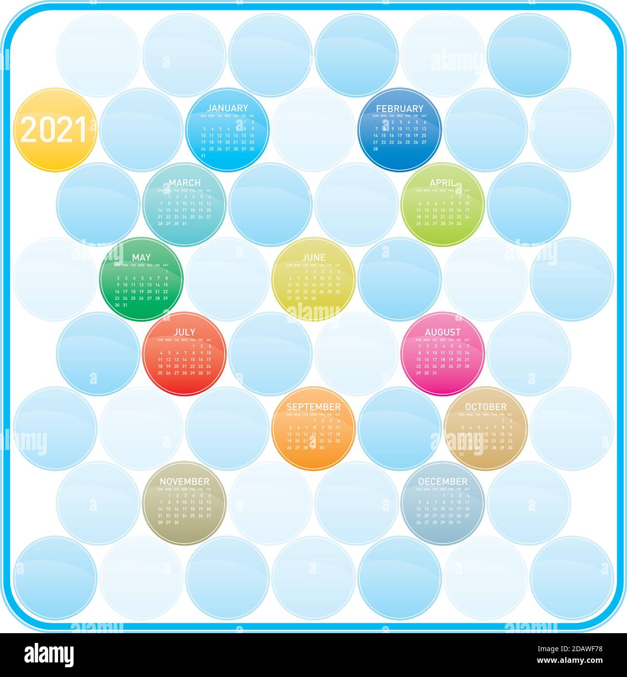 Colorful Circles Calendar for Year 2021, in vectors Stock Vector Image ...