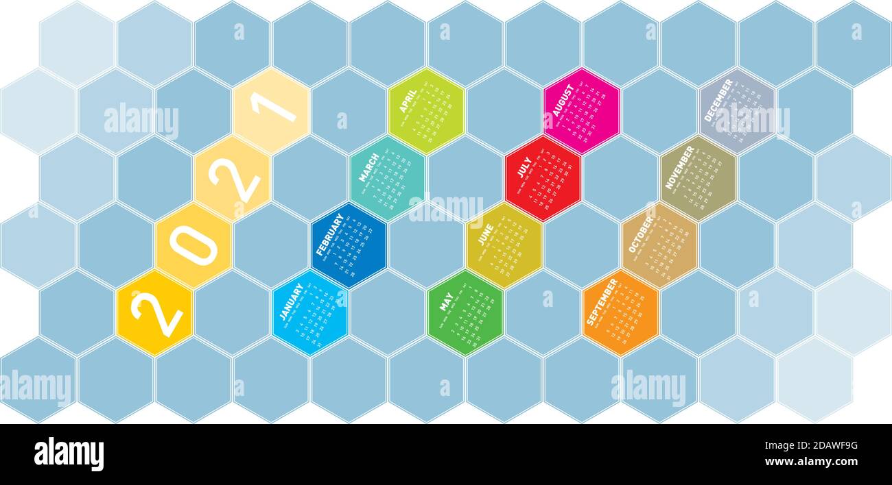 Colorful Calendar for year 2021 in an hexagonal pattern. In vector ...