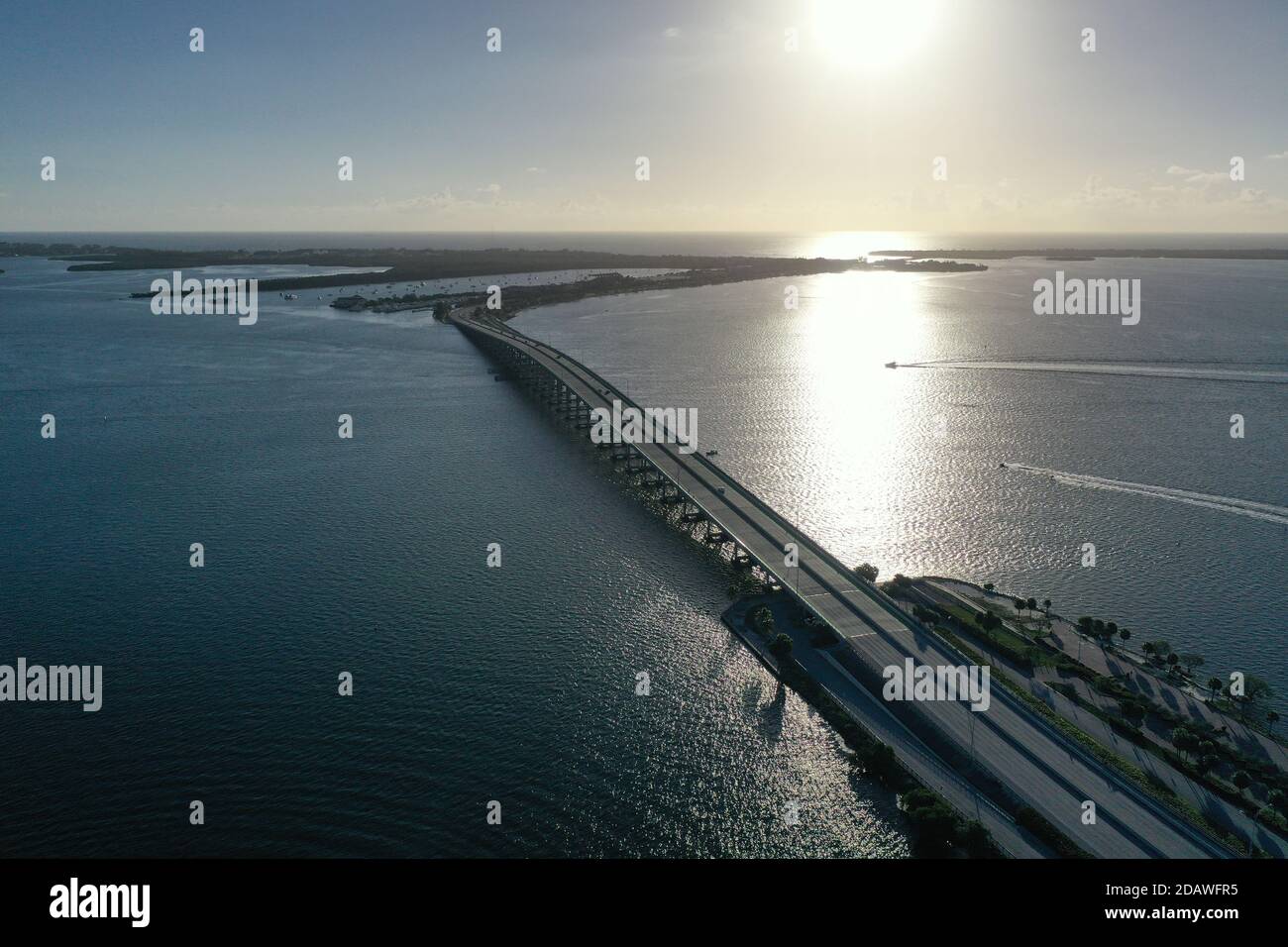 Aerial view of Rickenbacker Causeway and bridge between Miami and Key ...