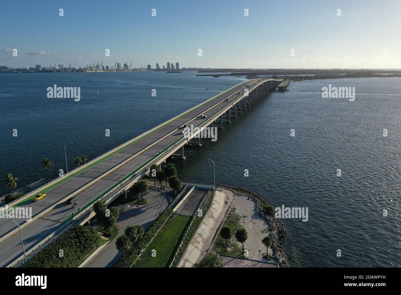 Aerial view of Rickenbacker Causeway and bridge between Miami and Key ...