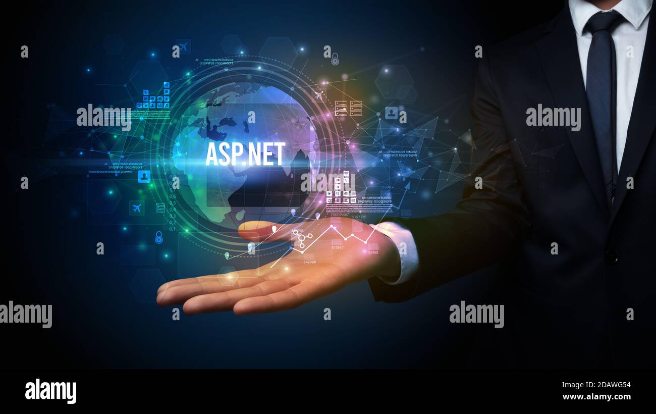 Elegant hand holding ASP.NET inscription, digital technology concept ...