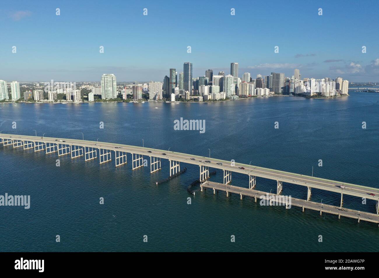 Aerial view of City of Miami skyline with Rickenbacker Causeway bridge ...