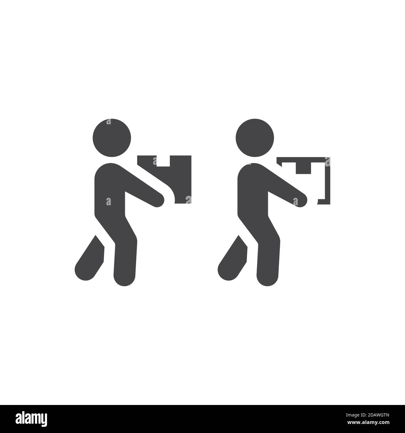 Delivery man icon. Simple courier man figure with box symbol Stock ...