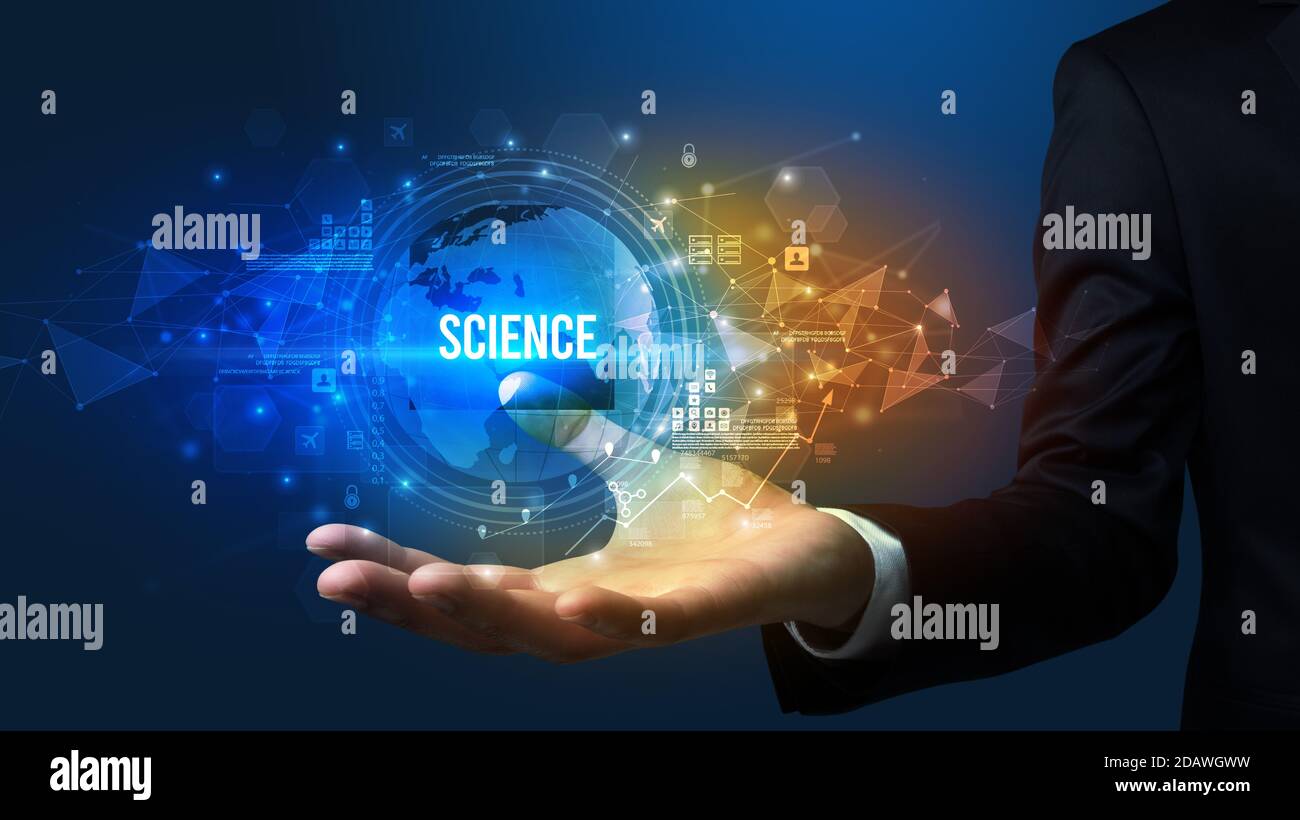 Elegant hand holding SCIENCE inscription, digital technology concept ...