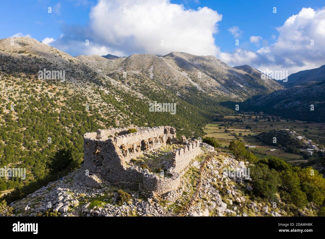 Aerial view of the ruins of a hilltop Turkish fortress on the Askifou ...