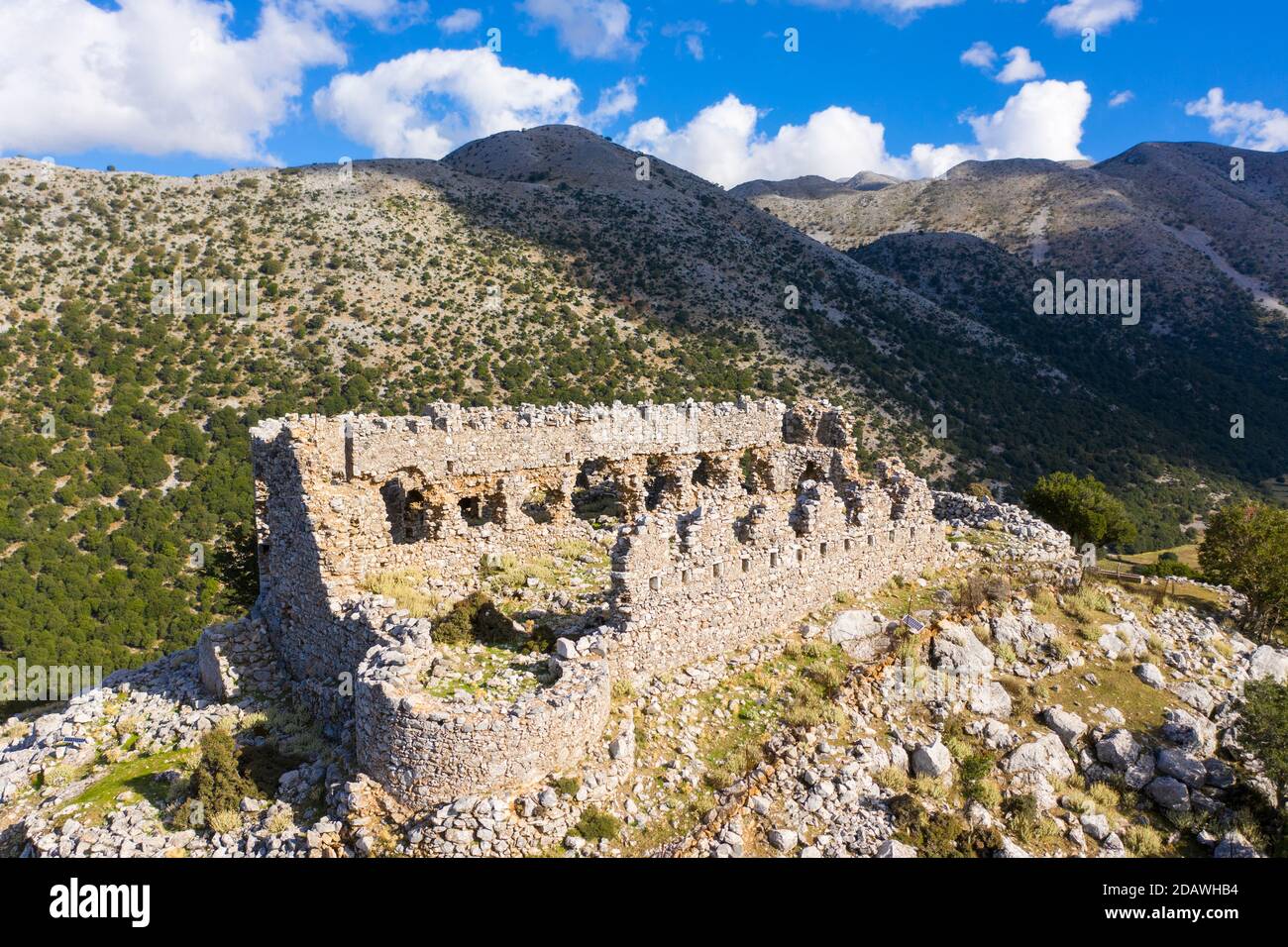 Aerial view of the ruins of a hilltop Turkish fortress on the Askifou ...
