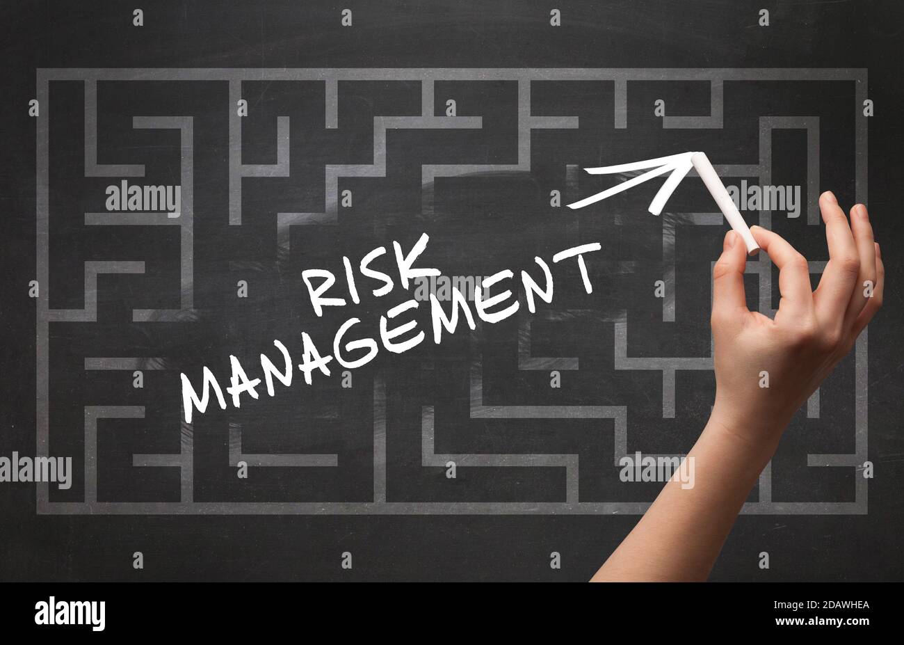 Hand drawing RISK MANAGEMENT inscription with white chalk on blackboard ...