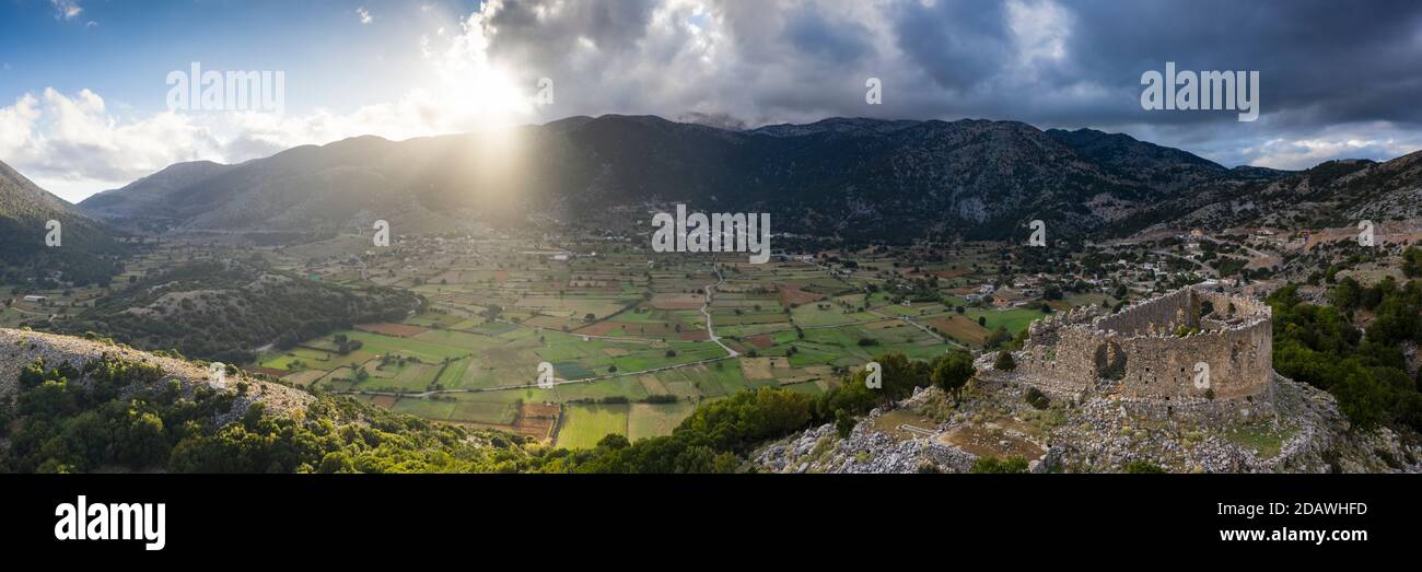 Aerial panoramic view of the ruins of a hilltop Turkish fortress on the ...