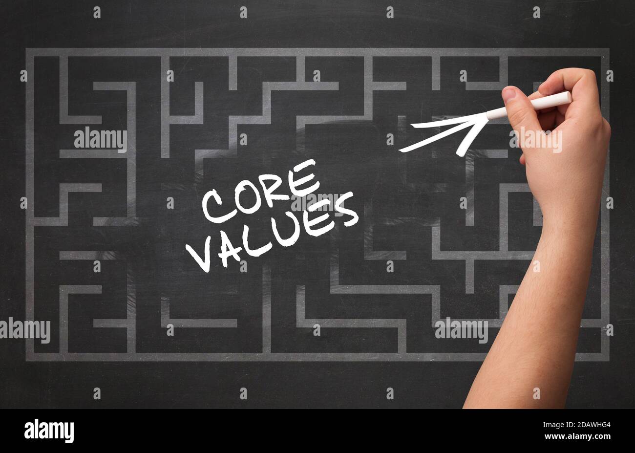 Hand drawing CORE VALUES inscription with white chalk on blackboard ...