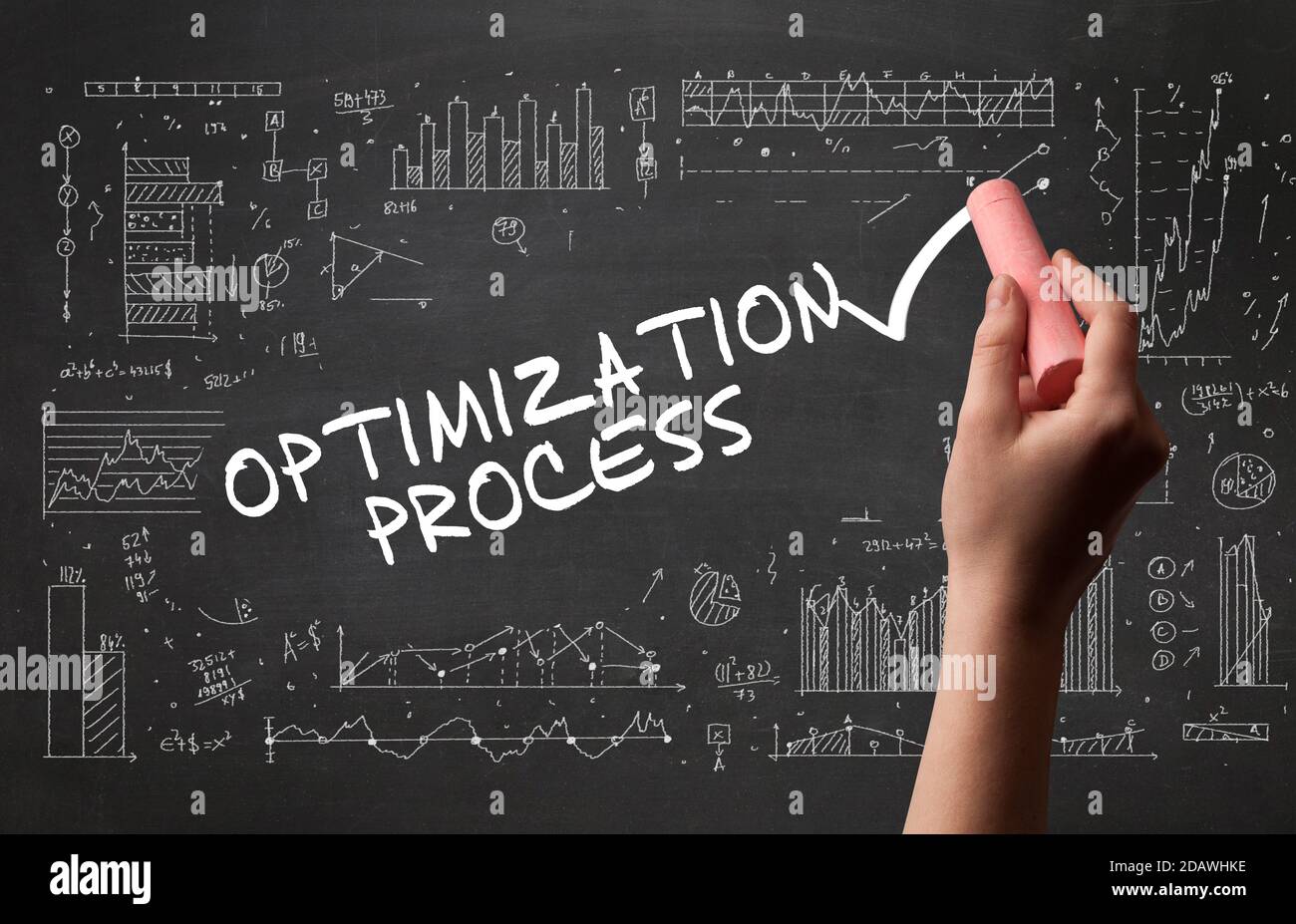 Hand drawing OPTIMIZATION PROCESS inscription with white chalk on ...