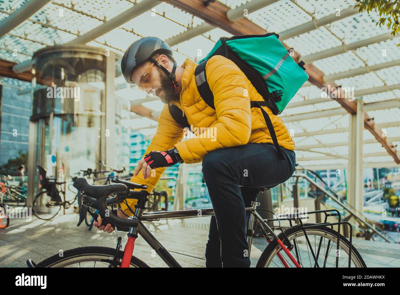 Food delivery service, rider delivering food to clints with bicycle ...