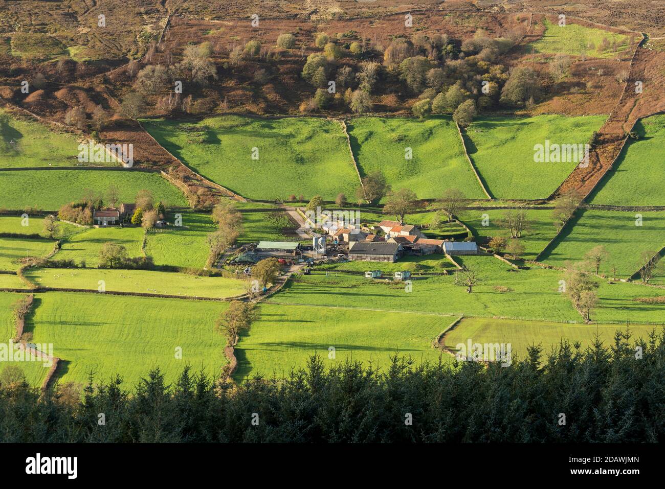 Long shadows isolated farms and green fields in Glaisdale, The North ...