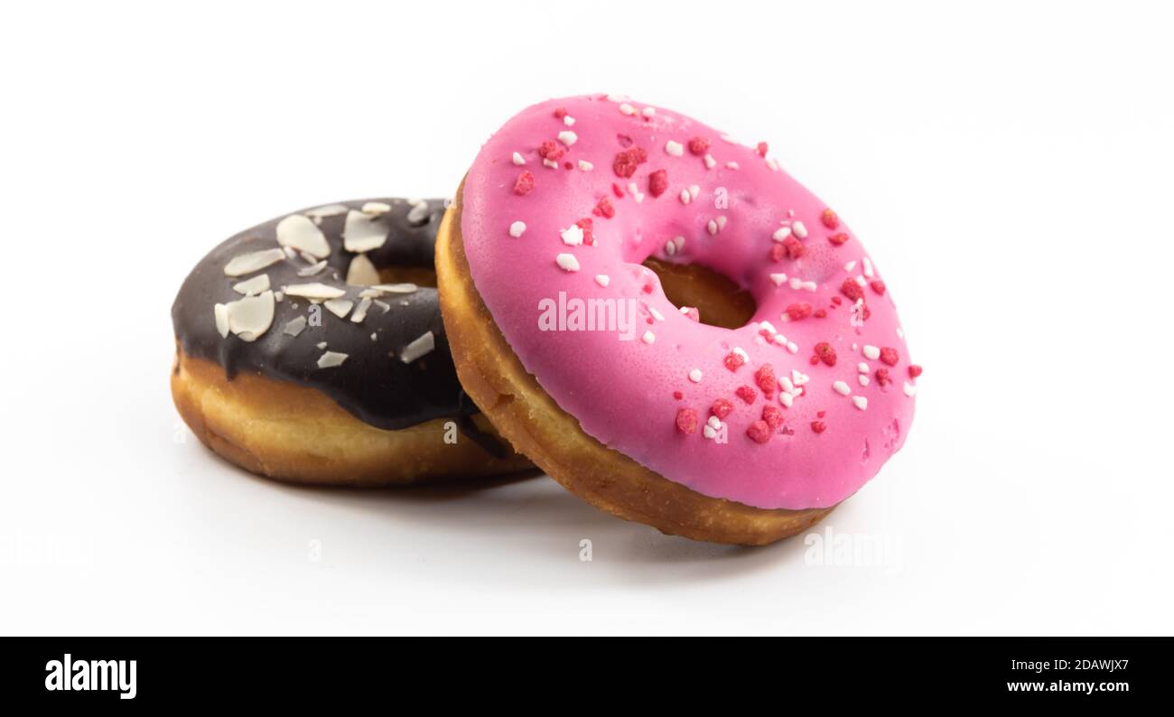 Series of photos of beautiful tasty multicolored donuts with glaze on ...