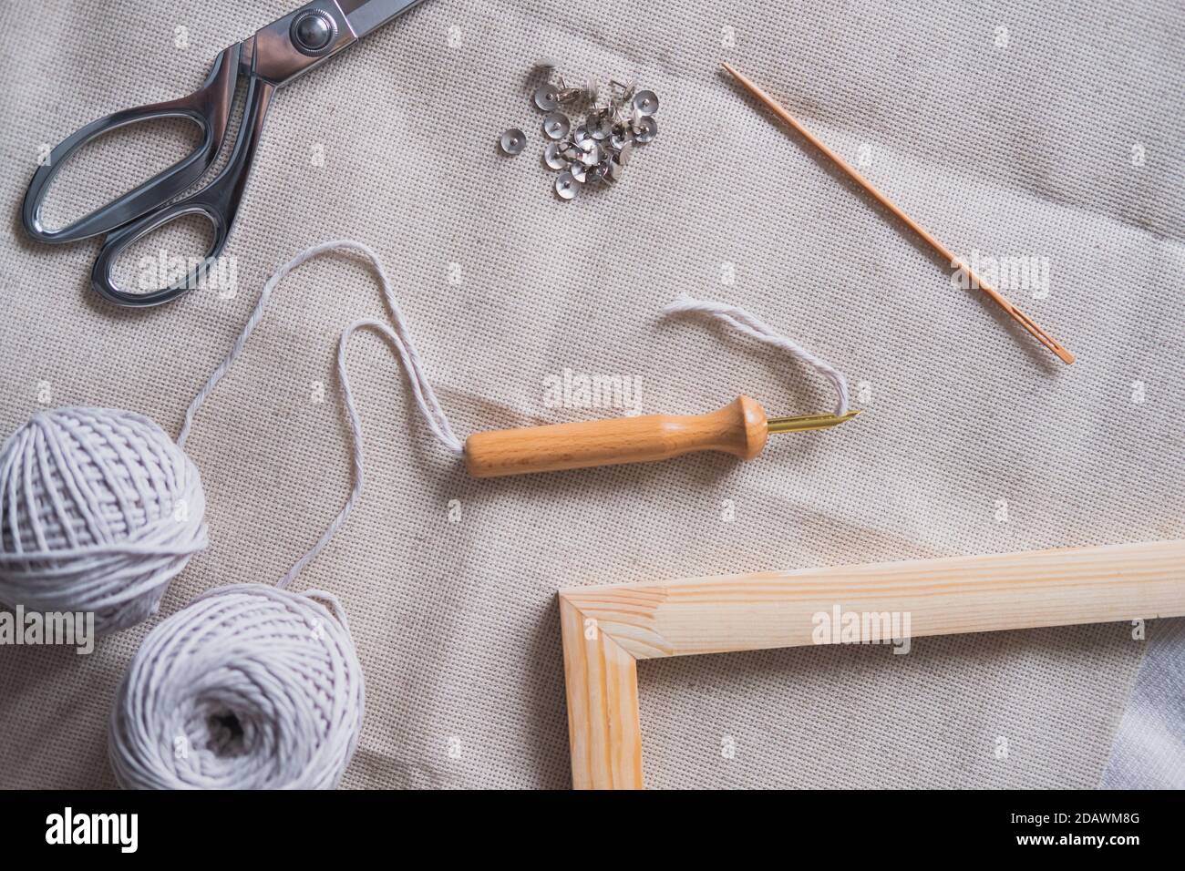 Knitting, handmade, handicraft hobby objects shot from above. Wood ...