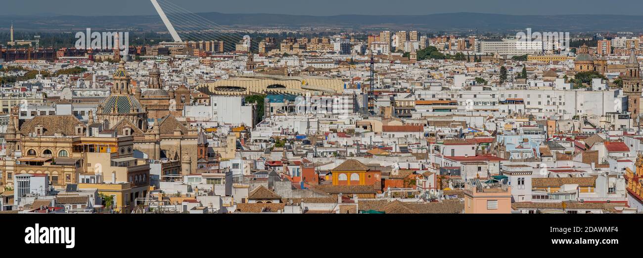 City skyline of Sevilla panorama aerial view from the top of Cathedral ...