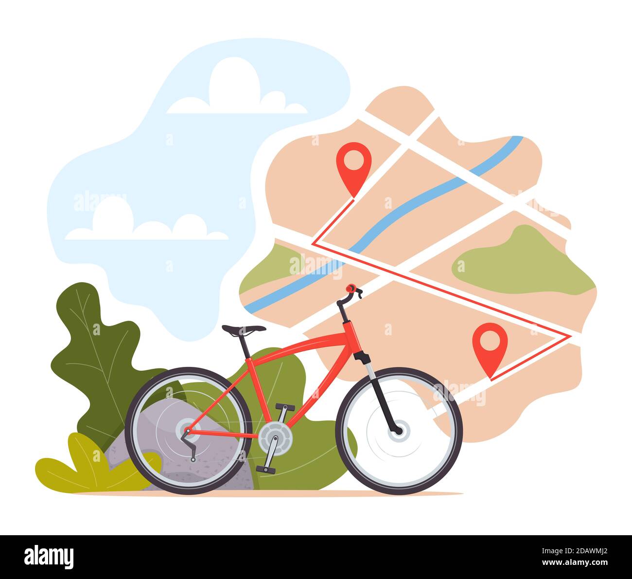 Bike, map with start and finish markers. Bicycle rental, bike sharing ...