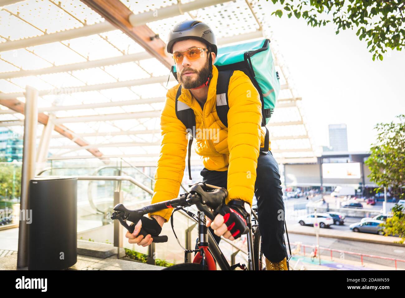 Food delivery service, rider delivering food to clints with bicycle ...