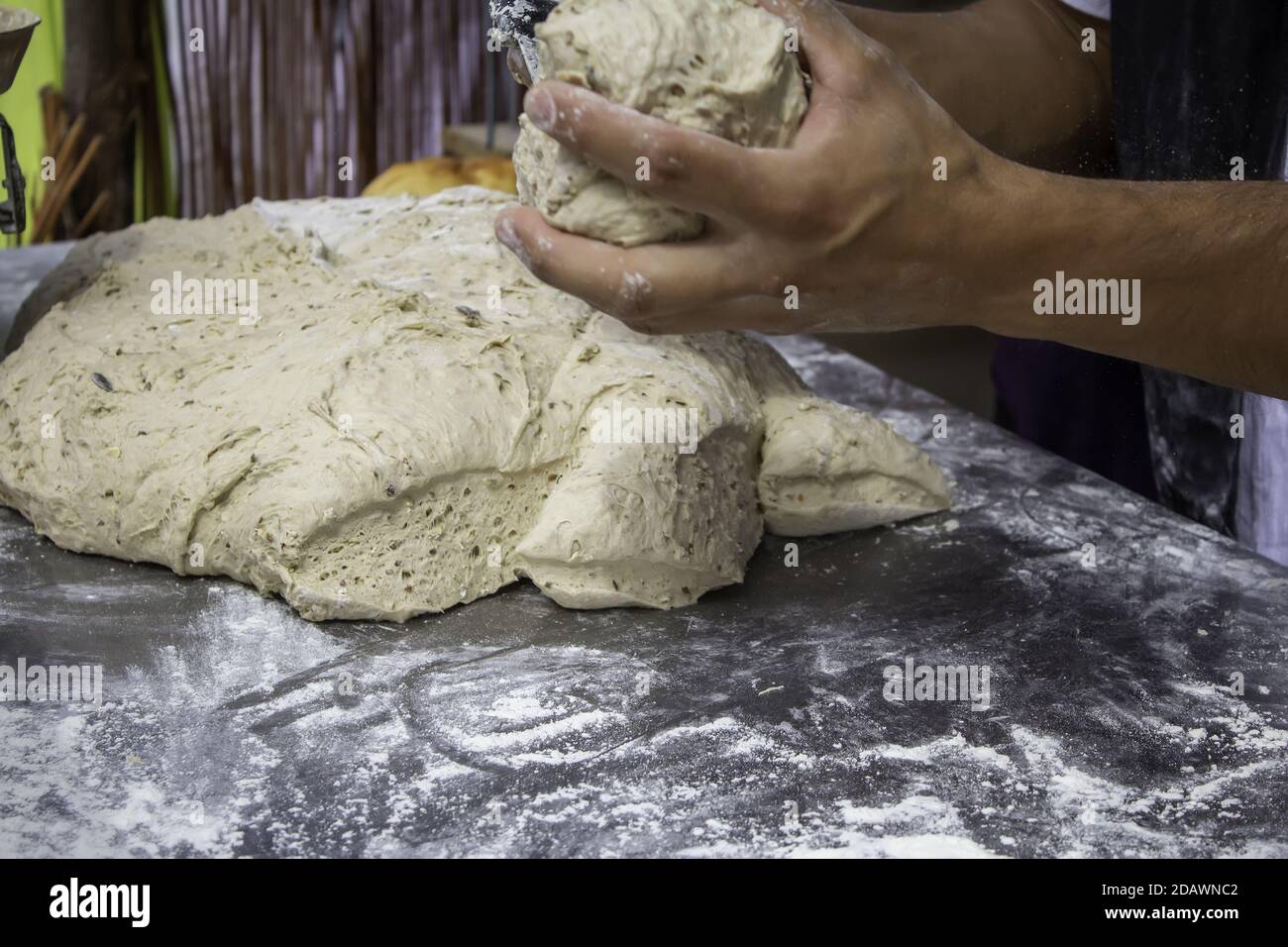 Making bread dough, food industry, manual manufacturing Stock Photo - Alamy