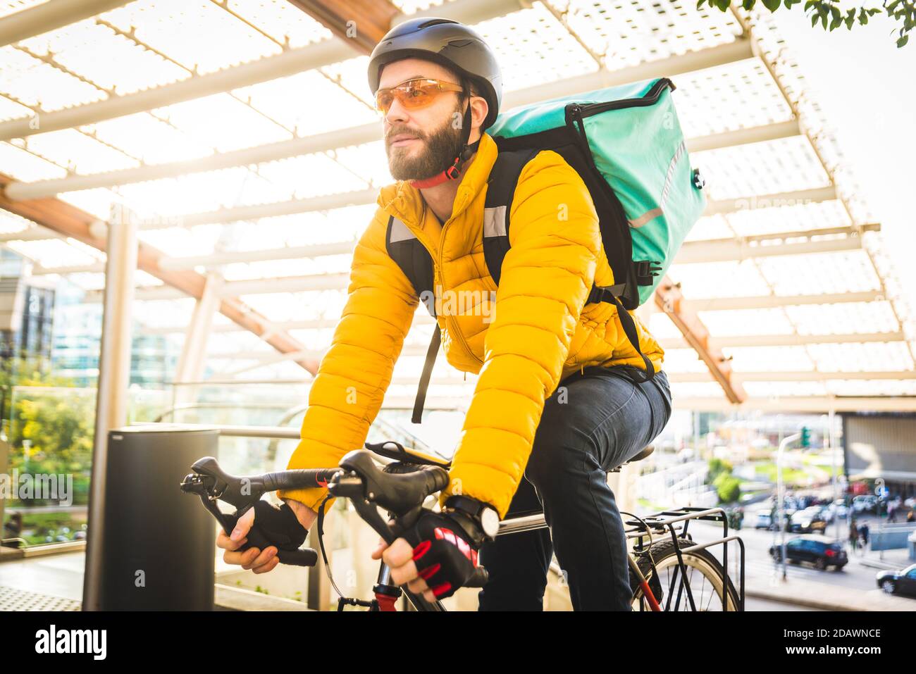 Food delivery service, rider delivering food to clints with bicycle ...